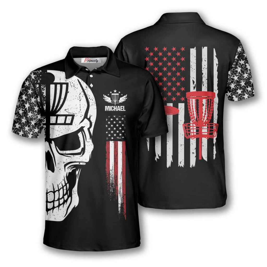 Disc Golf Skull American Flag Custom Disc Golf Shirts for Men - Primesty