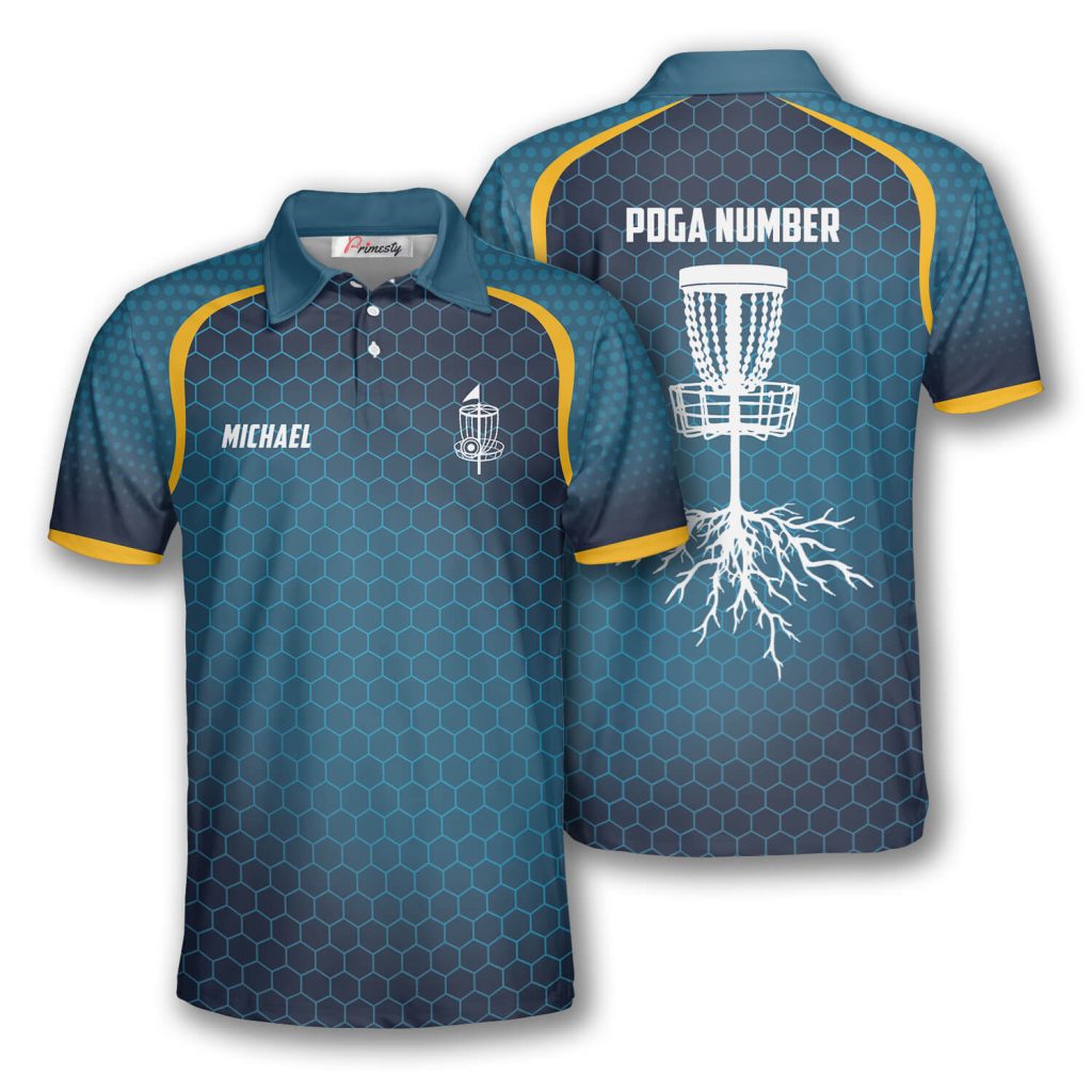 Disc Golf Blue Honeycomb Pattern Custom Disc Golf Shirts for Men - Primesty