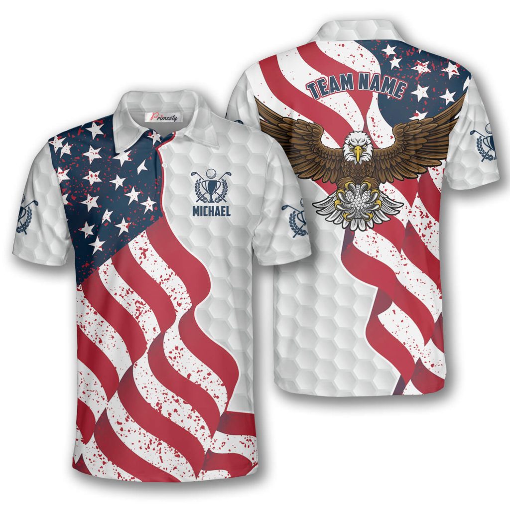 Patriotic Eagle Waving Flag Trophy Emblem Custom Golf Polo Shirts for ...