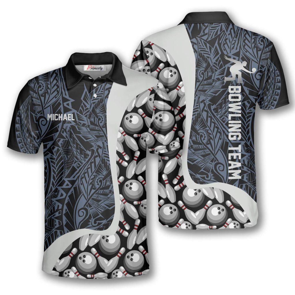Bowling Pattern Blue Tribal Tattoo Custom Bowling Shirts for Men - Primesty