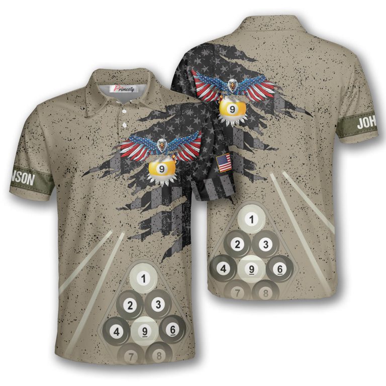 9 Ball Eagle Retro Flag Custom Billiard Shirts for Men - Primesty