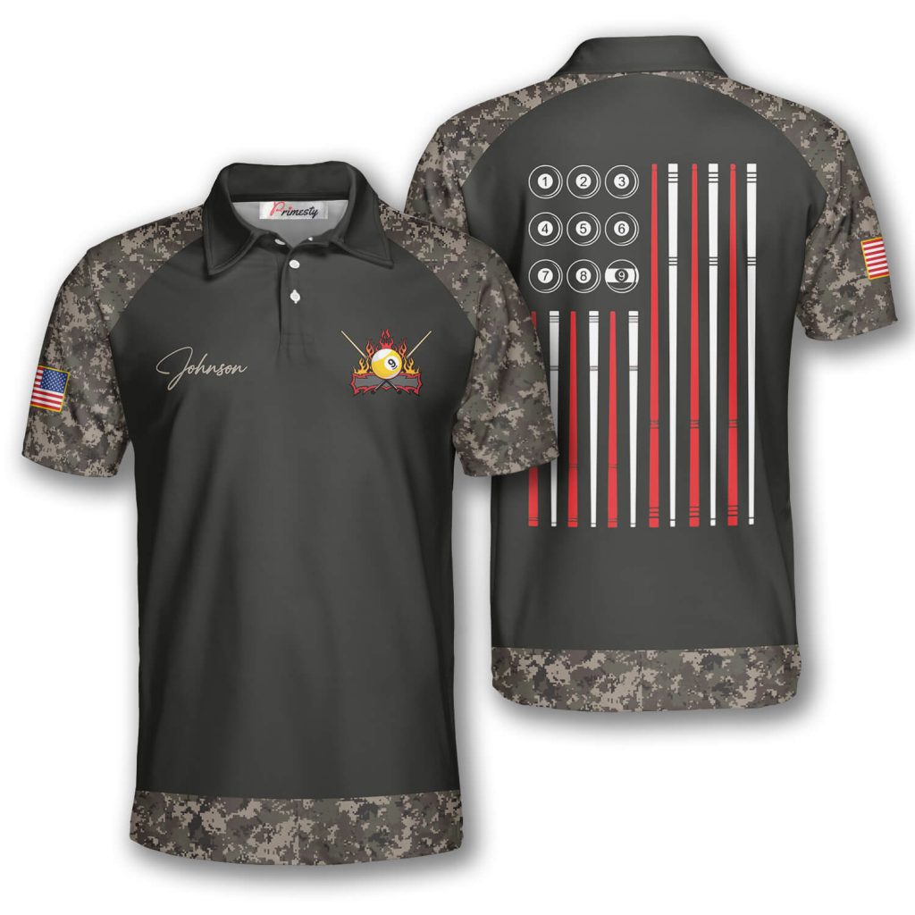 9 Ball Retro Camouflage Flag Custom Billiard Shirts for Men - Primesty