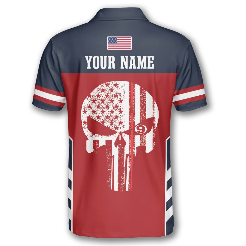 9 Ball Skull Flag Navy Red Custom Billiard Shirts for Men - Primesty