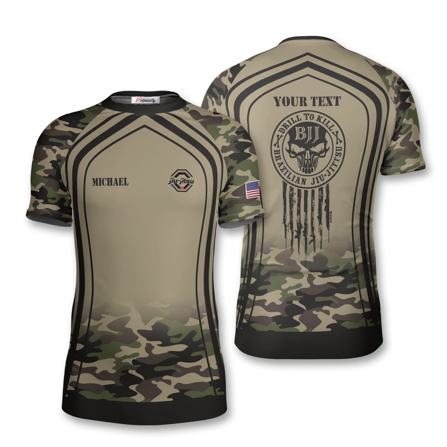 Drill To Kill Skull Camo Flag BJJ Custom Brazilian Jiu Jitsu Rash Guard ...