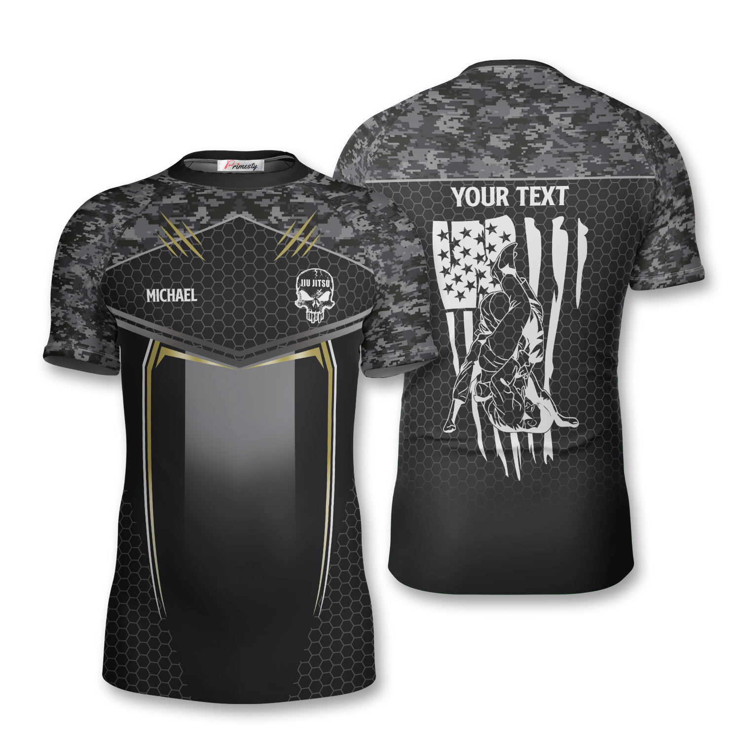 Skull Gray Camo Honeycomb BJJ Custom Brazilian Jiu Jitsu Rash Guard ...